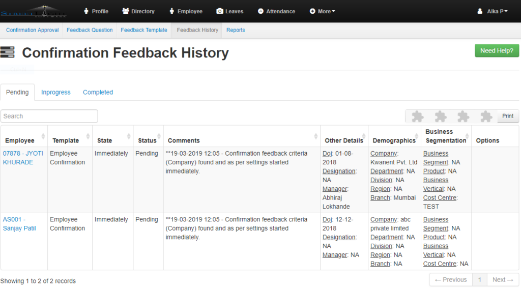Employee Confirmation – Feedback History – EasyHR Knowledge base