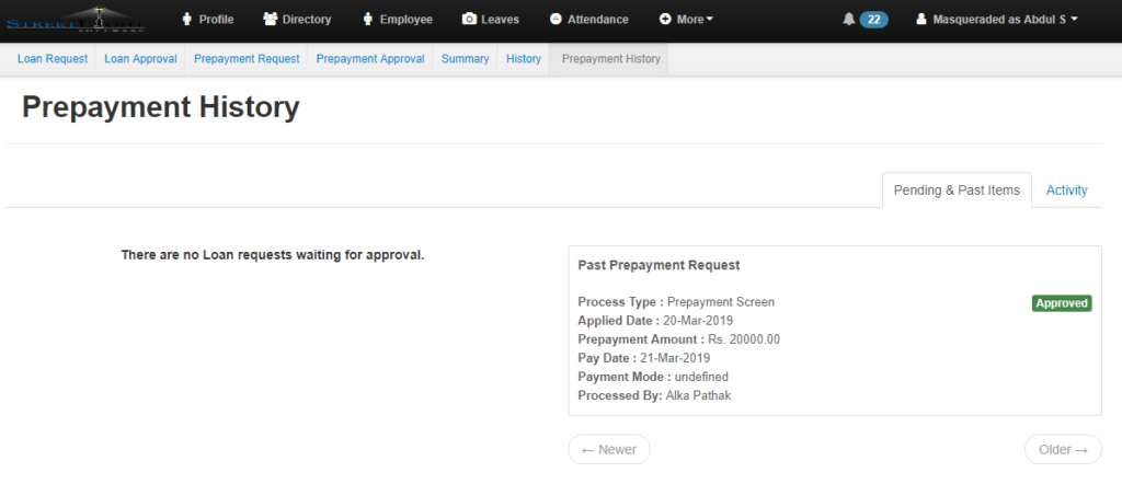 Loan – Prepayment History – EasyHR Knowledge base