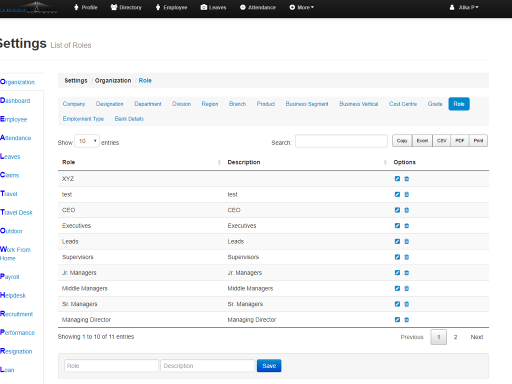 Settings /Organization /Grade and Role – EasyHR Knowledge base