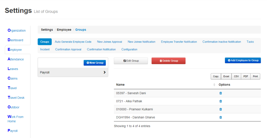 Settings /Employee /Groups – EasyHR Knowledge base