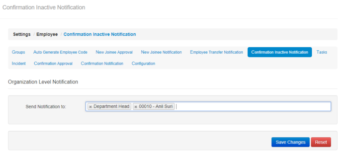 Settings /Employee /Employee Transfer Notification and Confirmation Inactive Notification ...