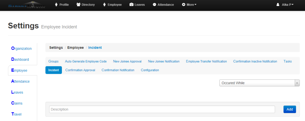 Settings /Employee /Tasks and Incident – EasyHR Knowledge base