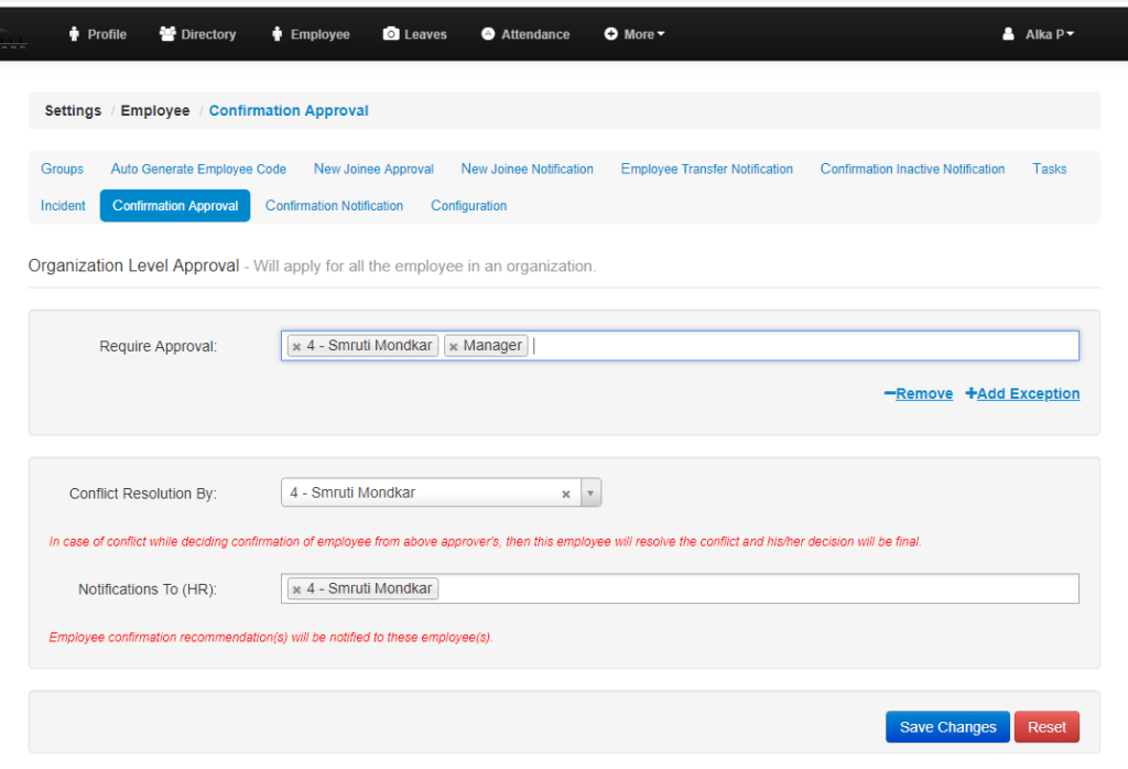 Settings /Employee /Confirmation Approval- Feedback – EasyHR Knowledge base