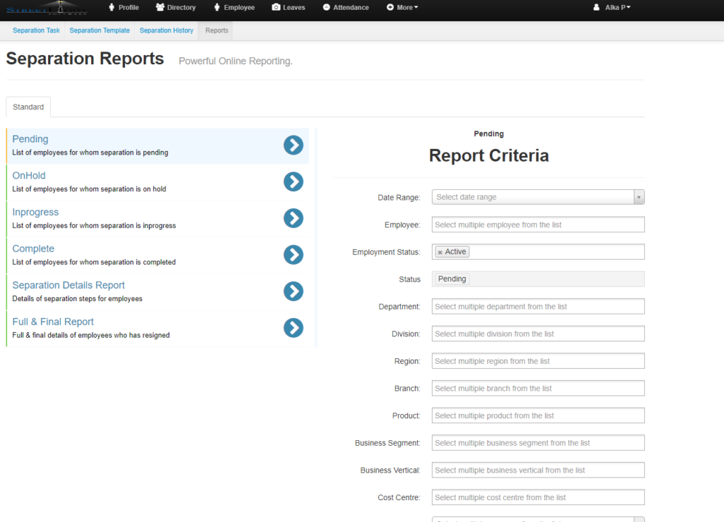 Separation – Reports – EasyHR Knowledge base