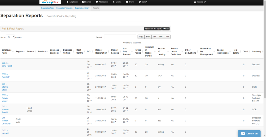 Separation – Reports – EasyHR Knowledge base