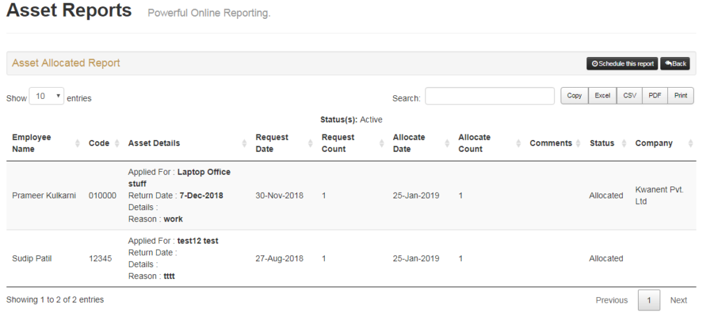 Asset – Report – EasyHR Knowledge base