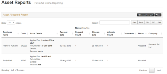 Asset – Report – EasyHR Knowledge base