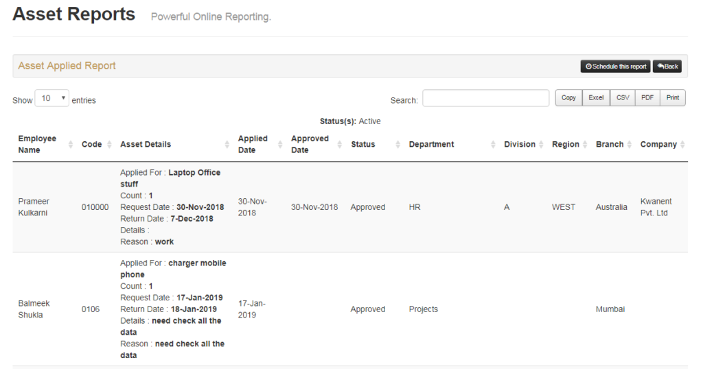 Asset – Report – EasyHR Knowledge base