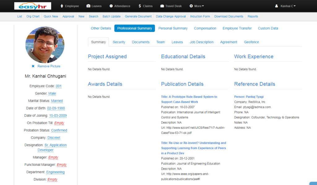Employee – Profile – EasyHR Knowledge base