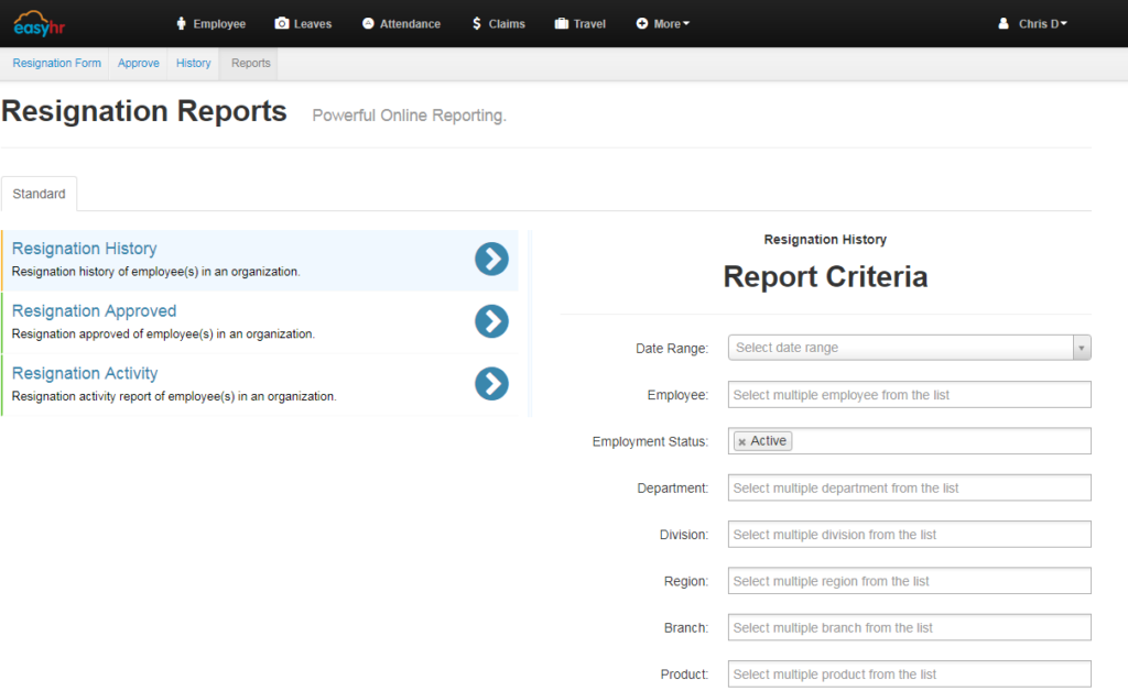 Resignation – Reports – EasyHR Knowledge base