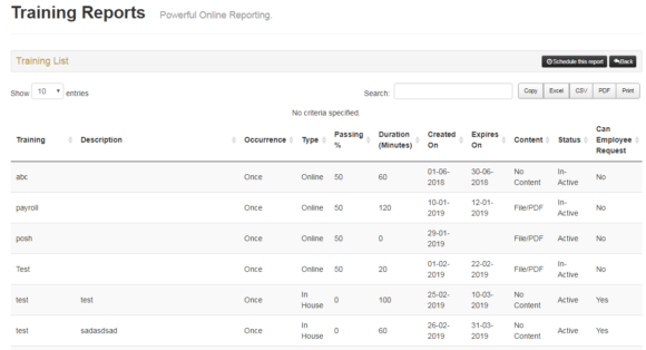 Training – Reports – EasyHR Knowledge base
