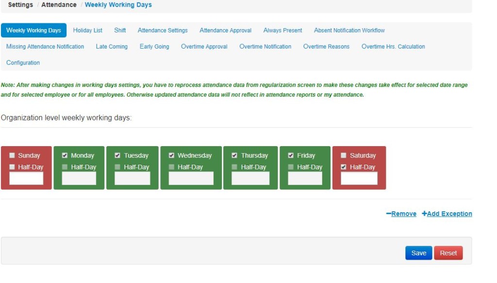 Settings /Attendance /Weekly Working Days – EasyHR Knowledge base