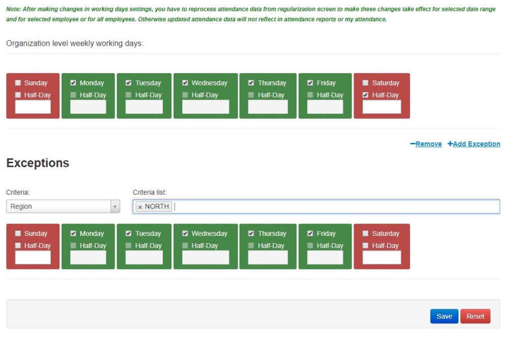 Settings /Attendance /Weekly Working Days – EasyHR Knowledge base