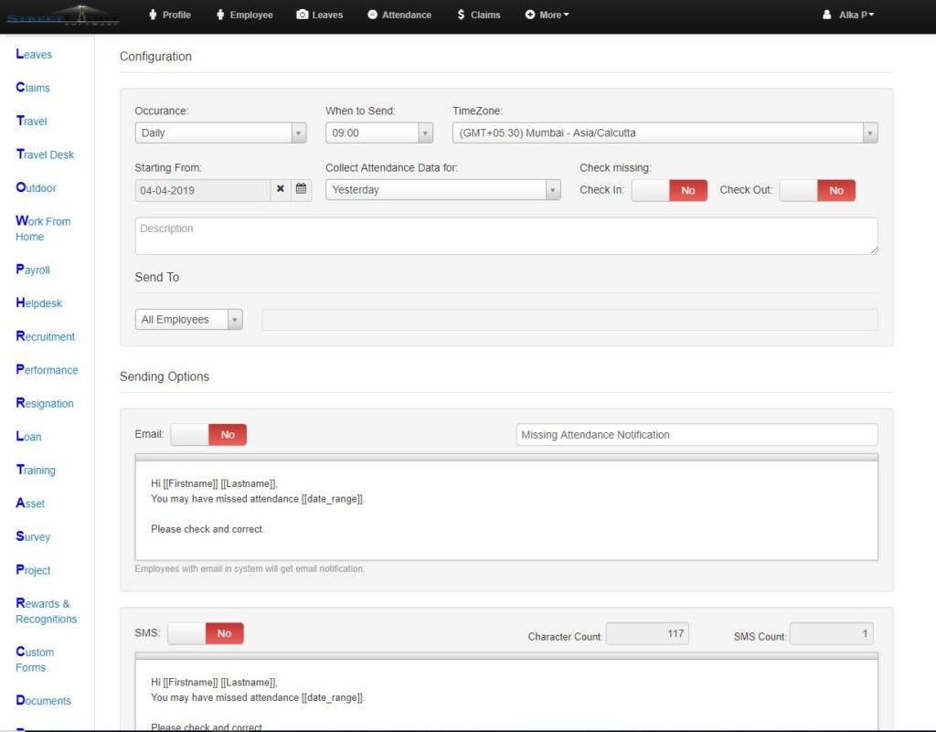 Settings /Attendance /Missing Attendance Notification – EasyHR Knowledge base